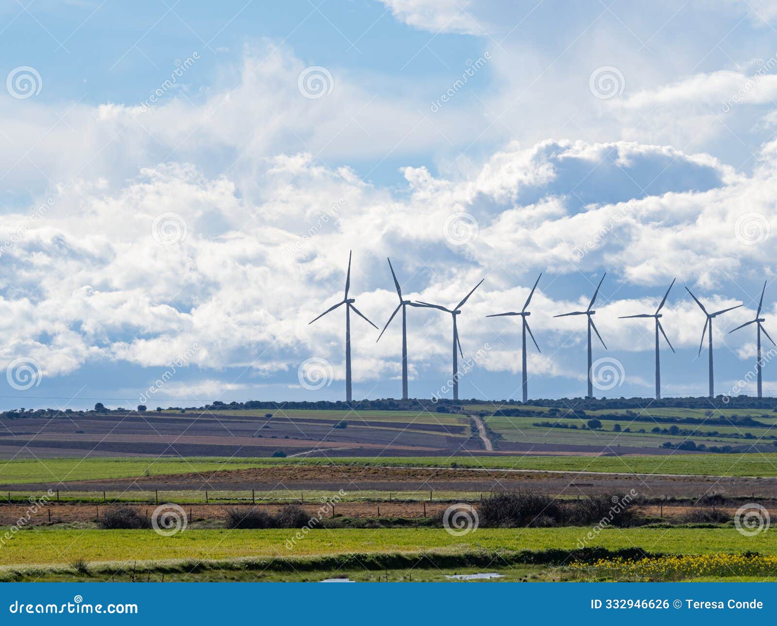 Wind Farm between Crop Fields. Blue Sky with Clouds Stock Photo - Image ...