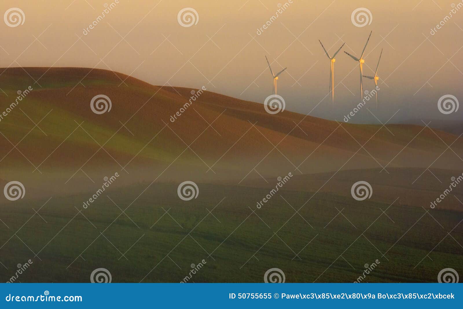 Wind Farm in the Mist at Sunrise Stock Image - Image of ecological ...