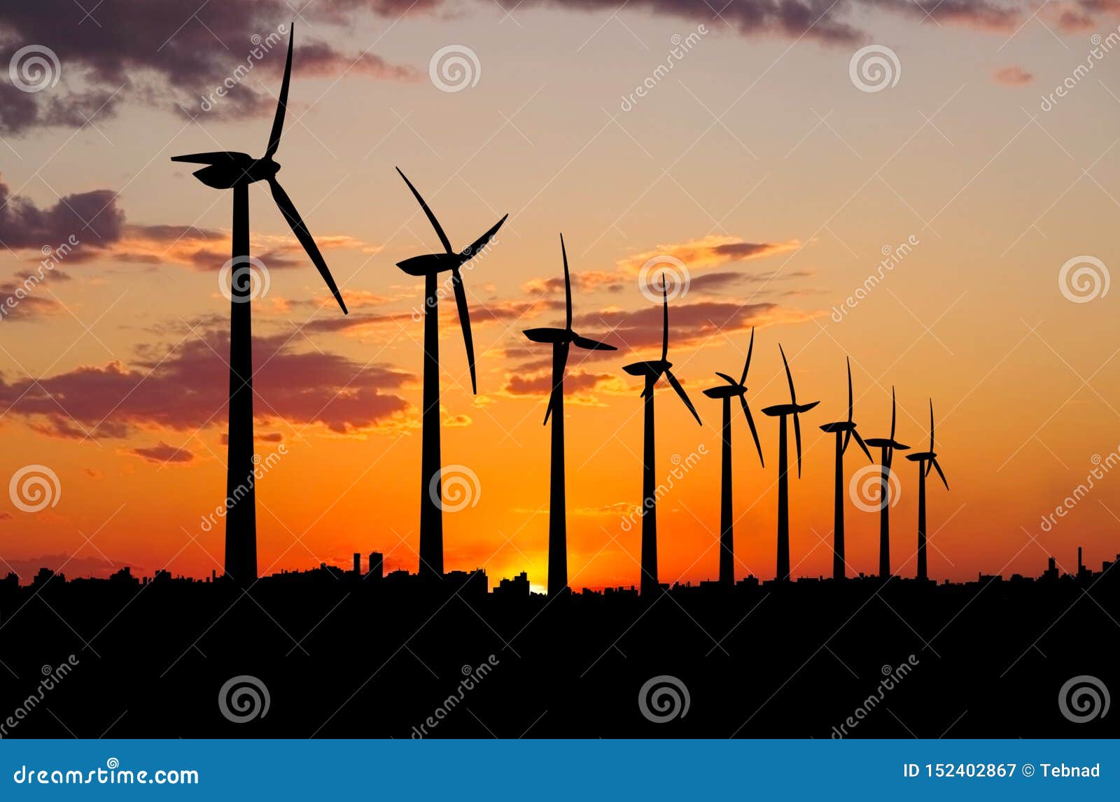 Wind farm at sunset stock image. Image of background - 152402867