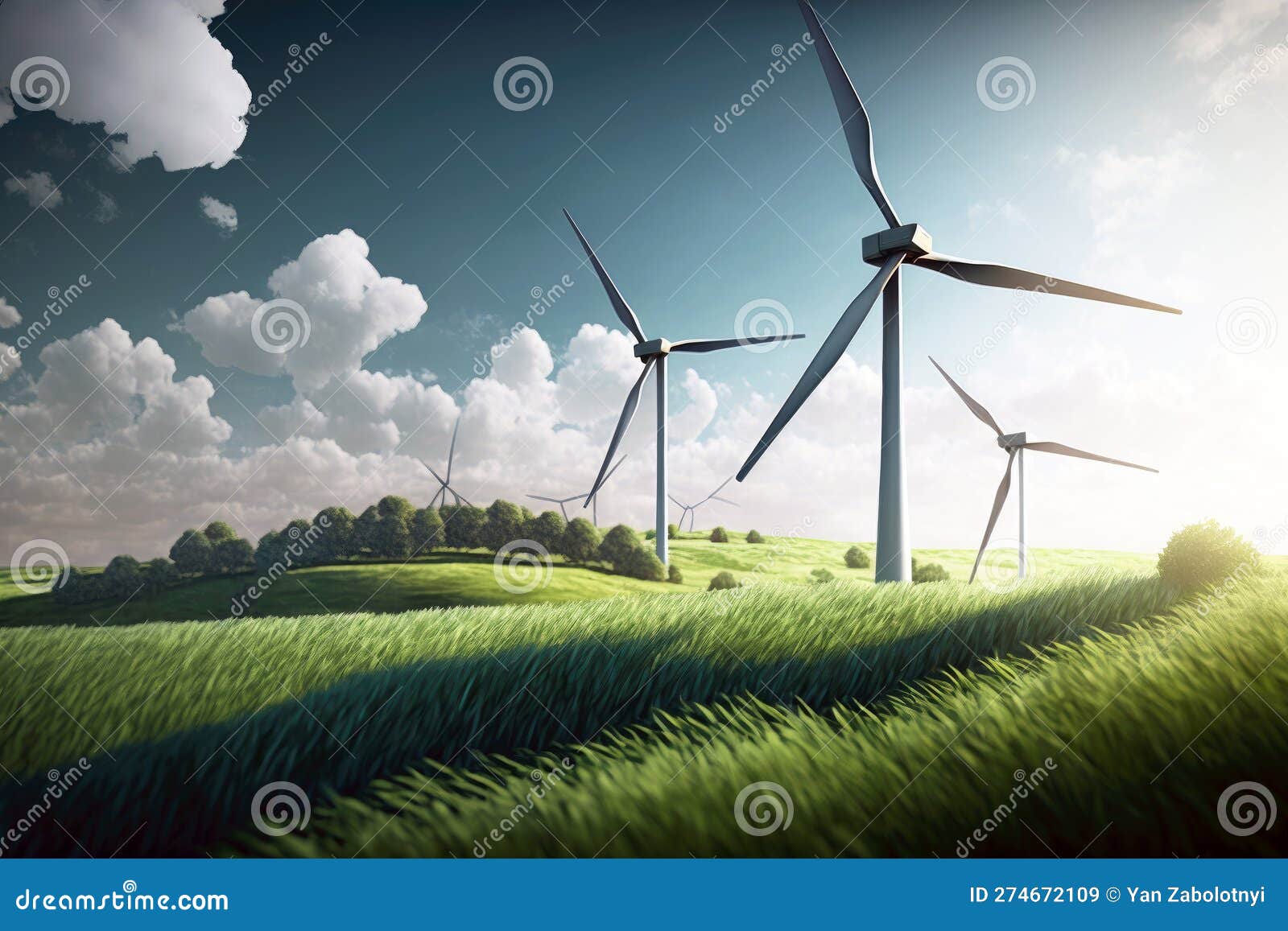 Wind Generators in a Green Field. Generative AI Stock Illustration ...