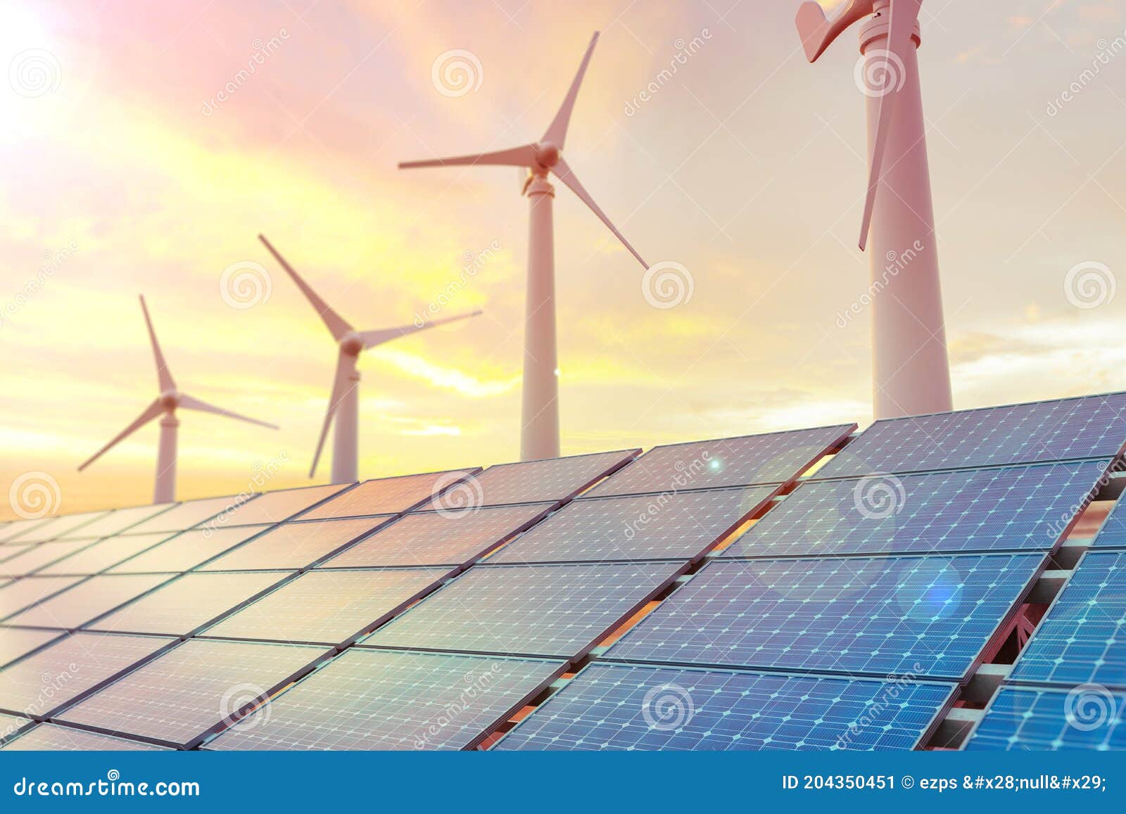 Wind Generators Turbines and Solar Panels on Sunset. 3d Illustration ...
