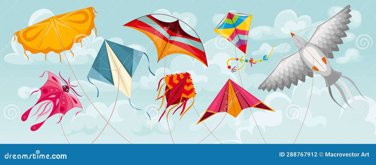 Set Of Types Of Kites With Names Isolated On White Background. Multi ...