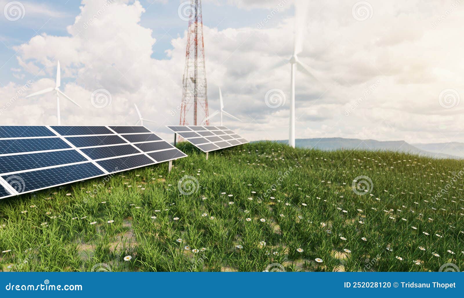 Wind Mill with Solar Panels on Small Hill, Green Power and Green Energy ...