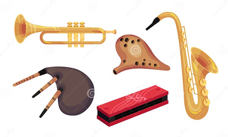 Wind Musical Instruments Isolated on White Background Vector Set Stock ...