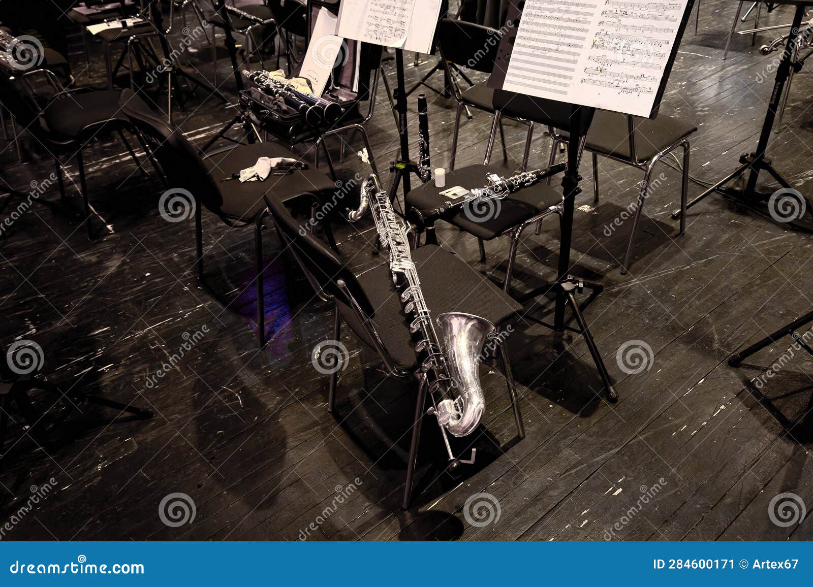 Wind Musical Instruments Lie on Chairs in the Orchestra Pit Stock Image ...