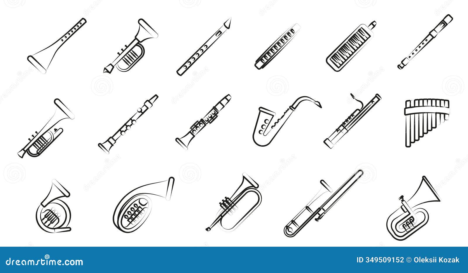 Wind Musical Instruments with the Name in a Thin Line. Set of Wind ...