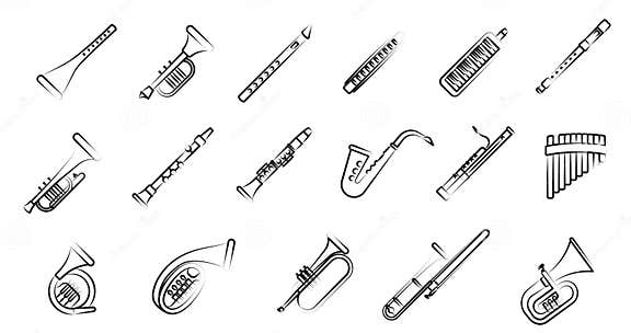 Wind Musical Instruments with the Name in a Thin Line. Set of Wind ...