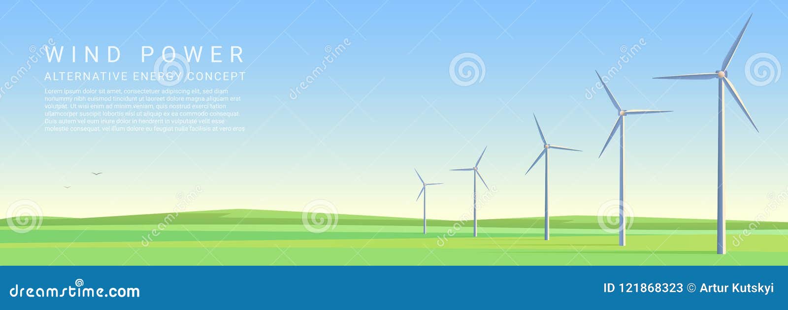 Wind Power Energy Turbines on a Green Meadow Vector Concept Header ...