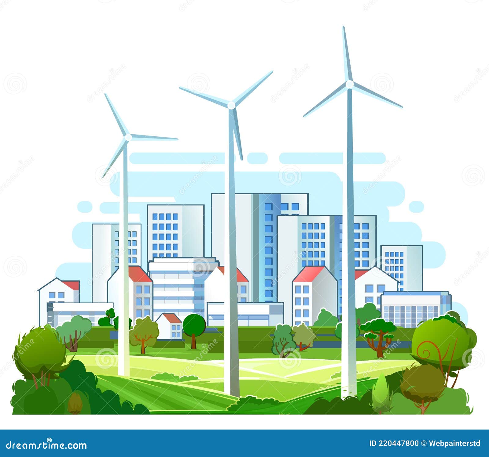 Wind Power Generator. Suburban Comfortable Village. Cartoon Flat Style ...