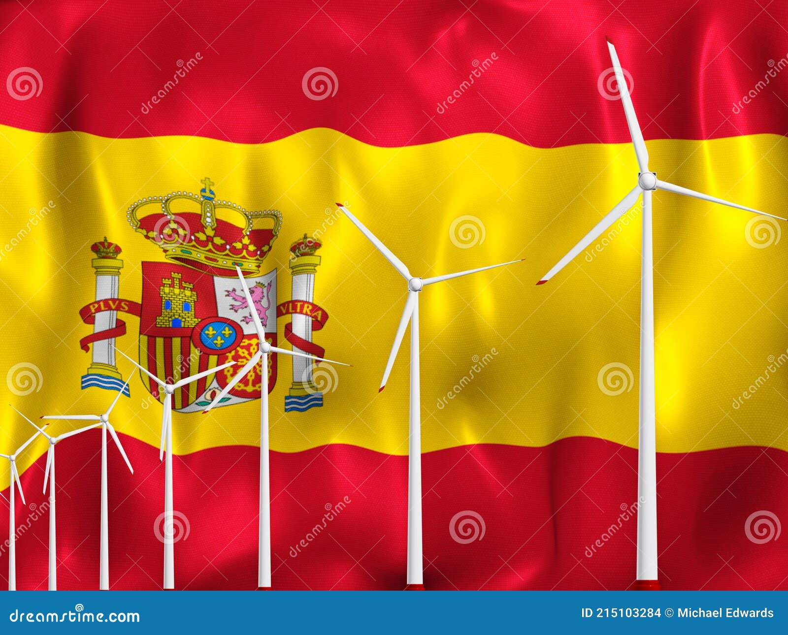Wind Power Industry in Spain. Wind Turbines in Front of National Flag ...