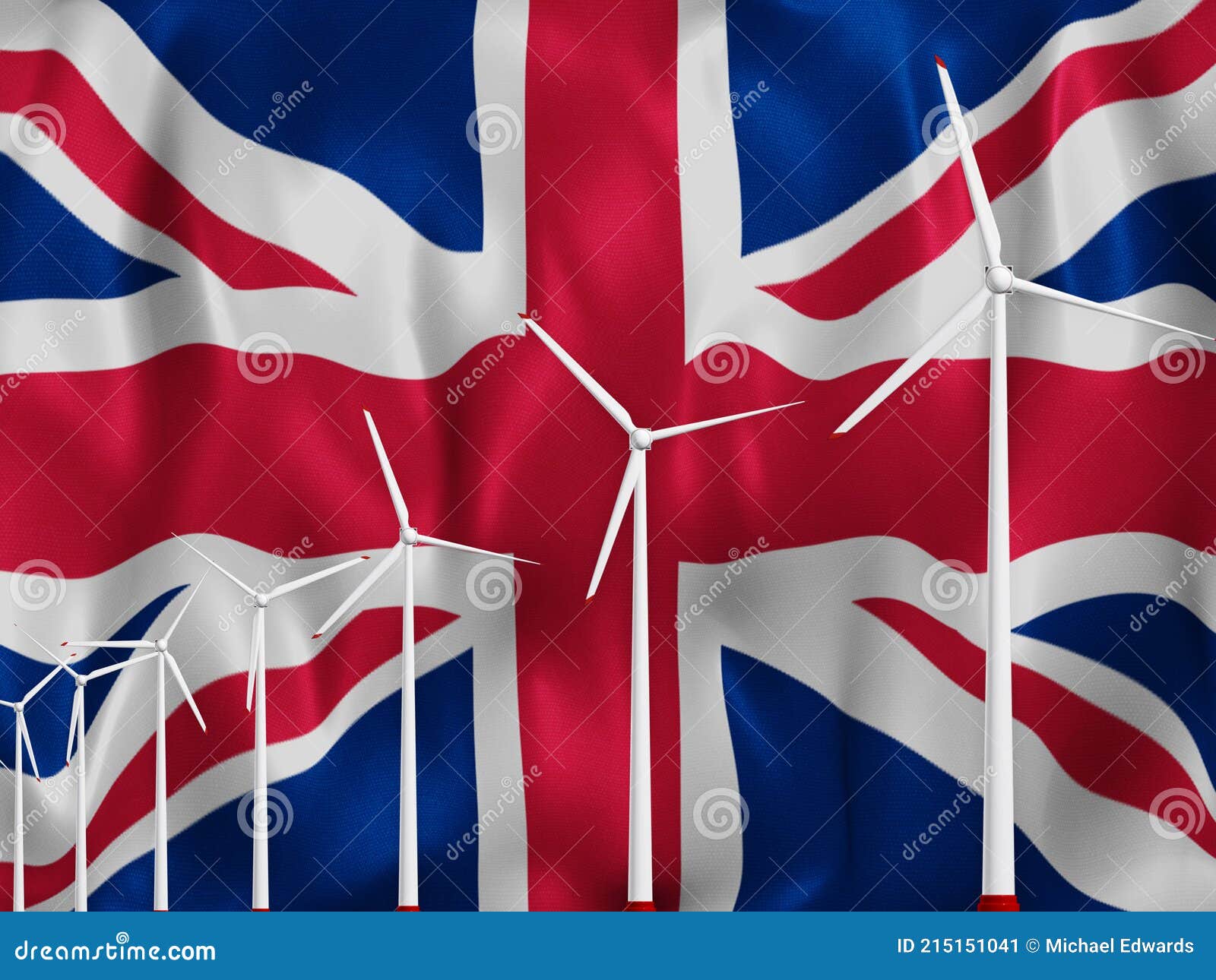 Wind Power Industry in the UK. Wind Turbines in Front of Flag Stock ...