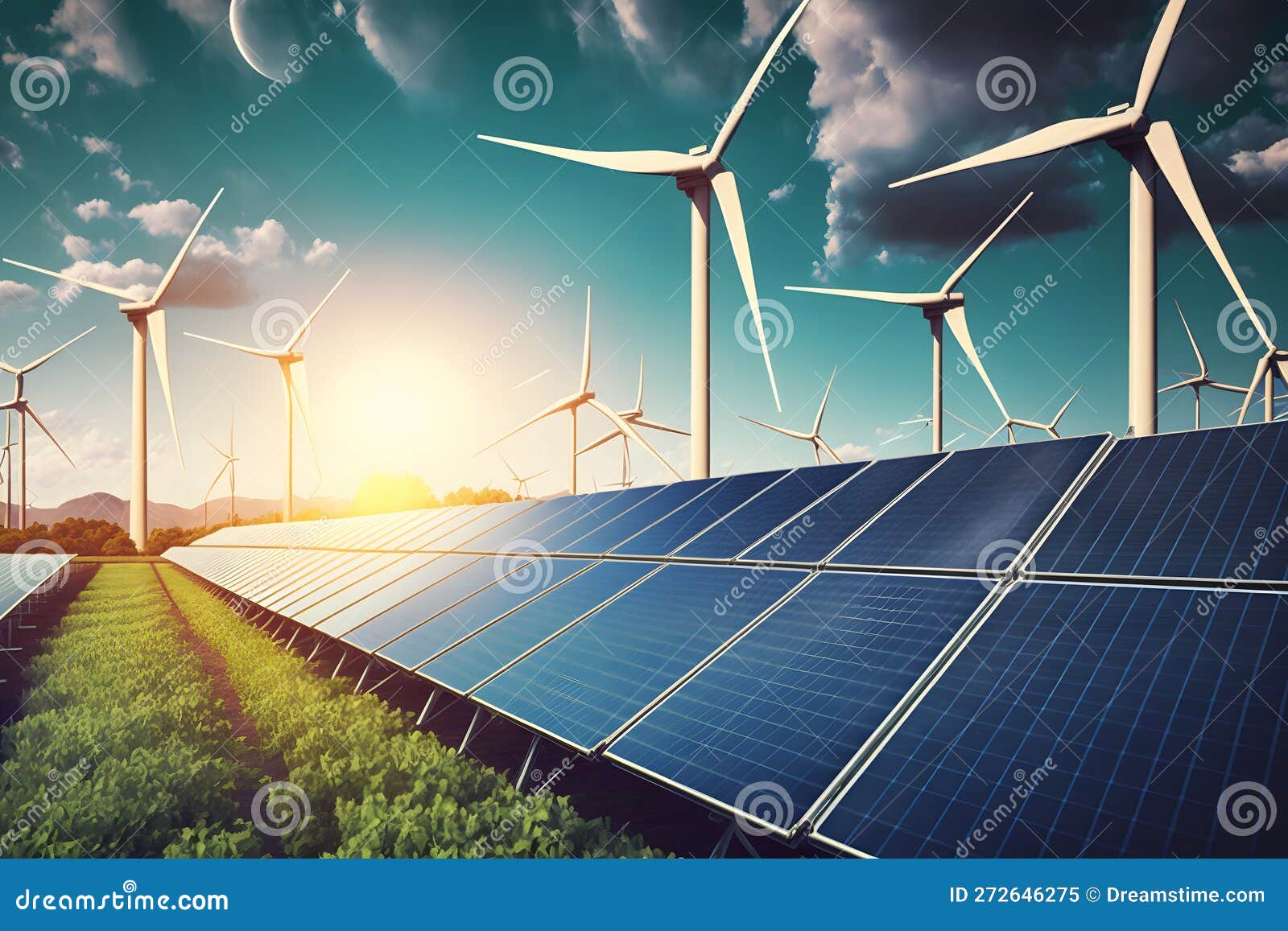 Wind Power and Solar Power Panels at Sunset. Neural Network AI ...