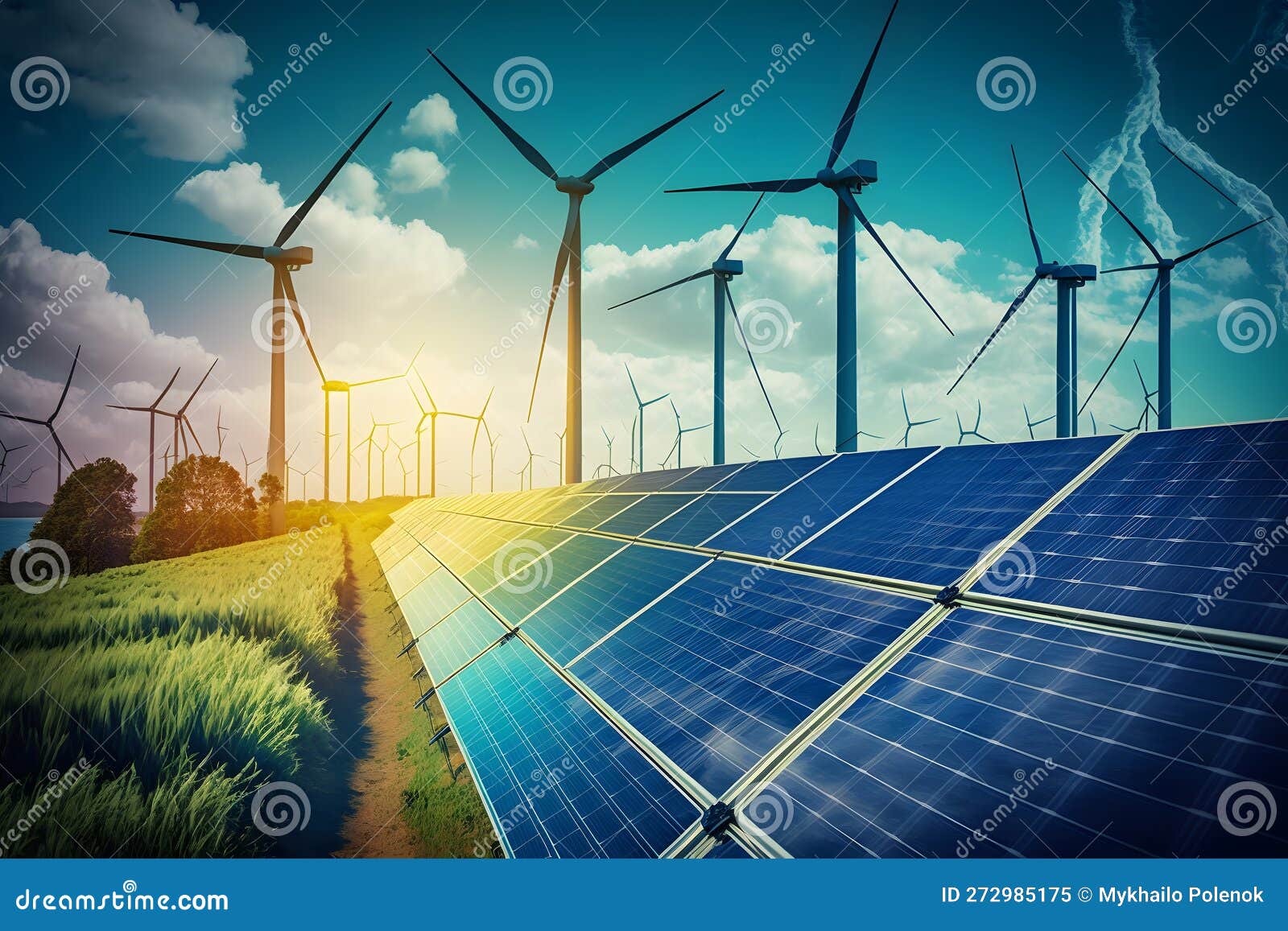 Wind Power and Solar Power Panels at Sunset. Neural Network AI ...