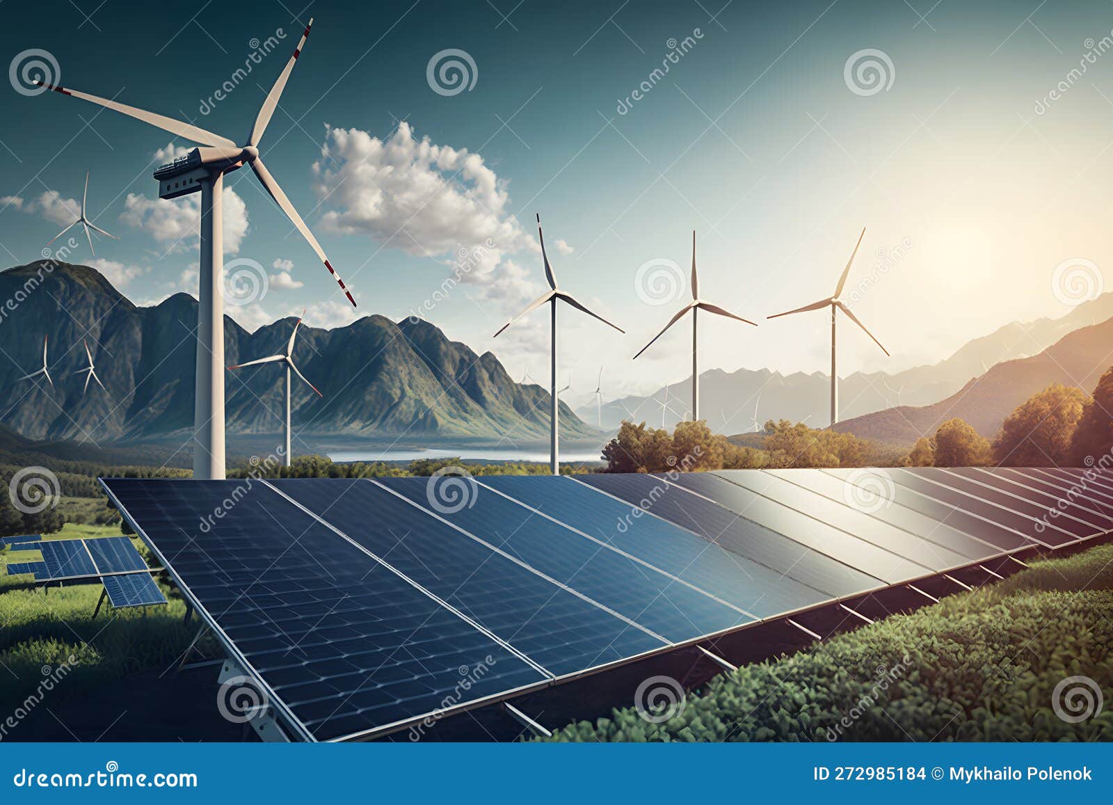 Wind Power and Solar Power Panels at Sunset. Neural Network AI ...