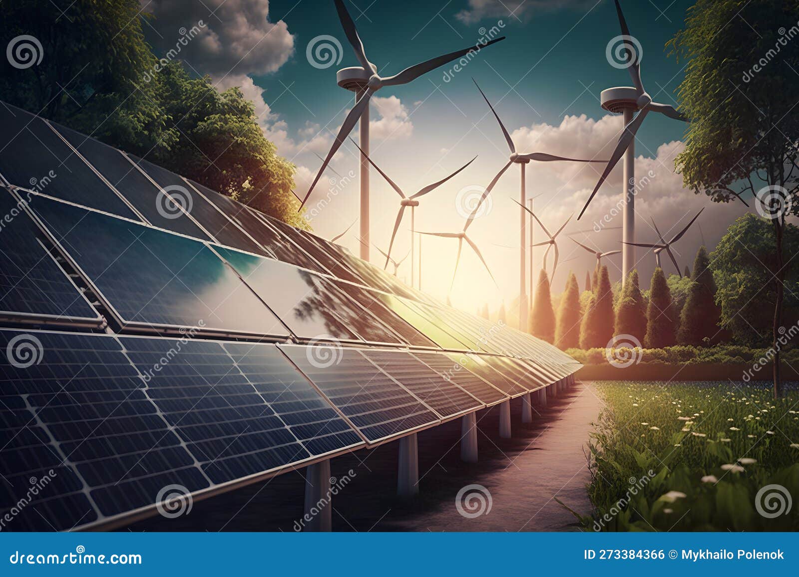 Wind Power and Solar Power Panels at Sunset. Neural Network AI ...