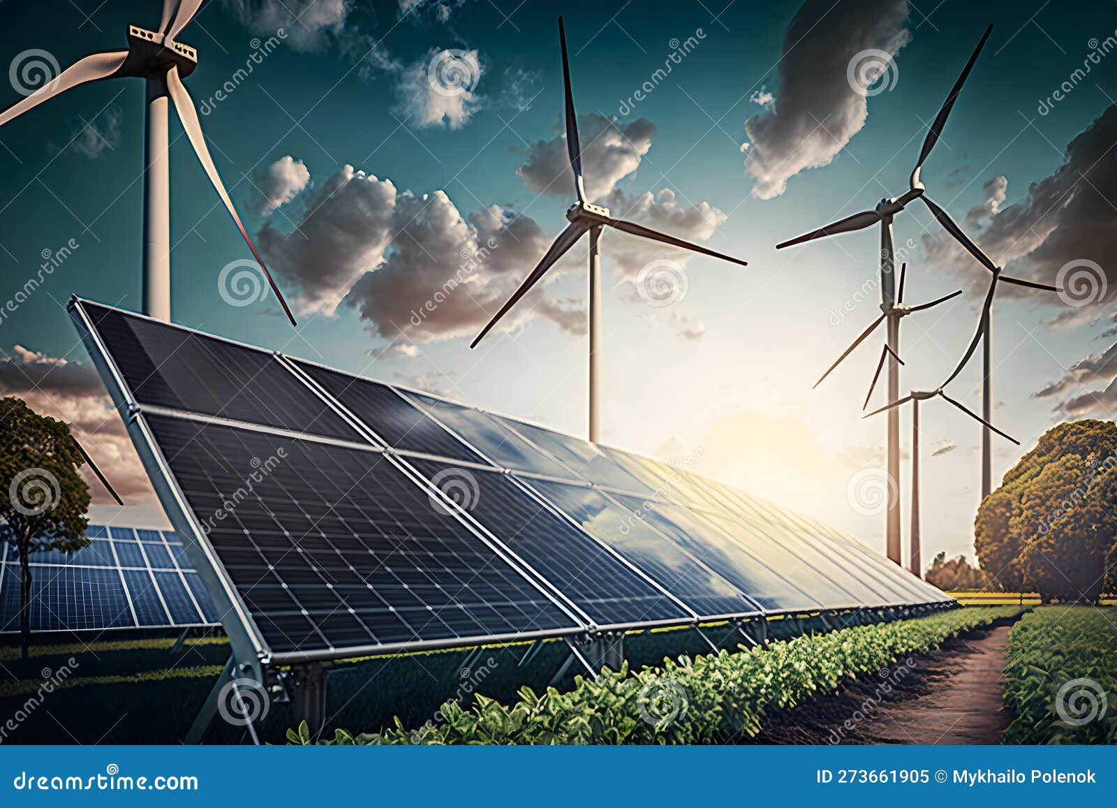 Wind Power and Solar Power Panels at Sunset. Neural Network AI ...