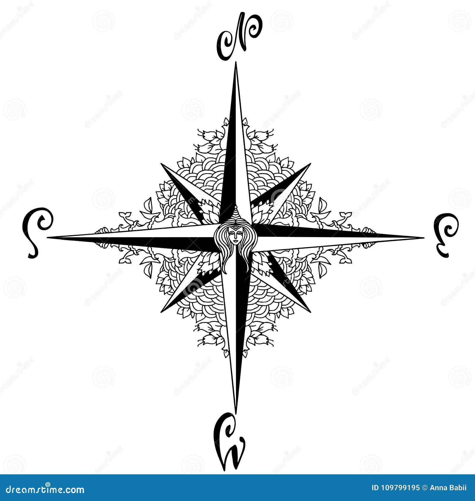 Wind Rose in Mandala Style. Nautical Compass Icon Isolated on White ...