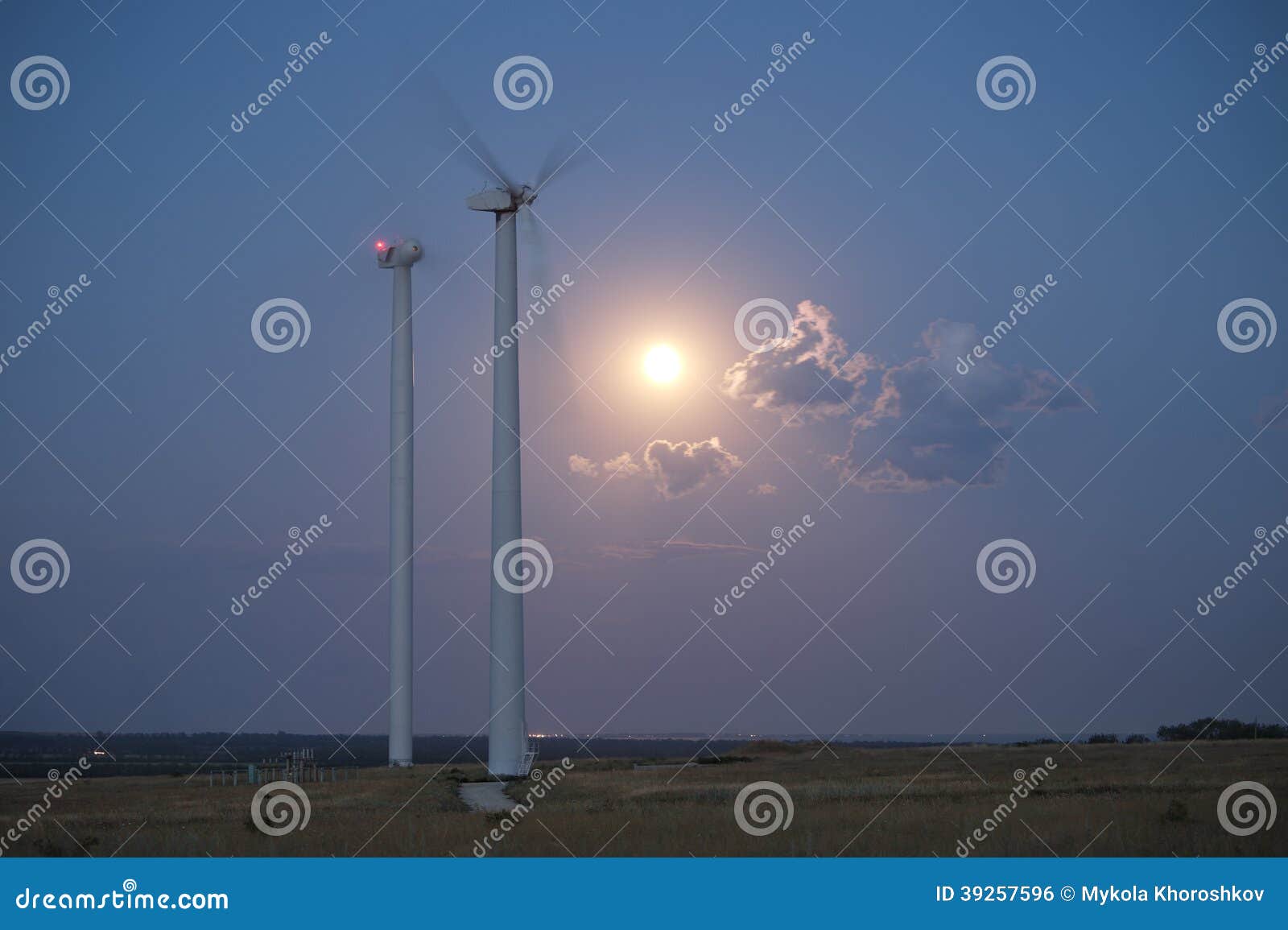 Wind Station Turbines and Full Moon Stock Photo - Image of night, power ...