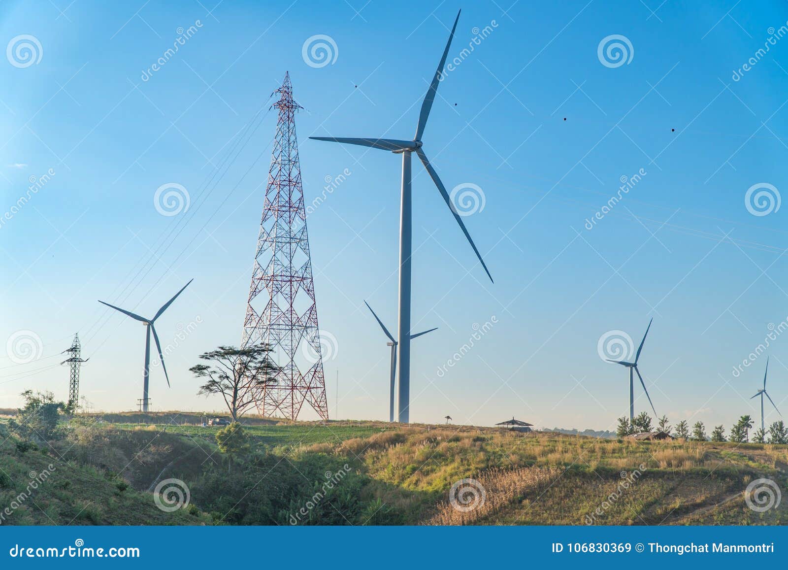 Wind Turbine On Hill, Green Energy. Wind Turbine With Electric Pole On ...