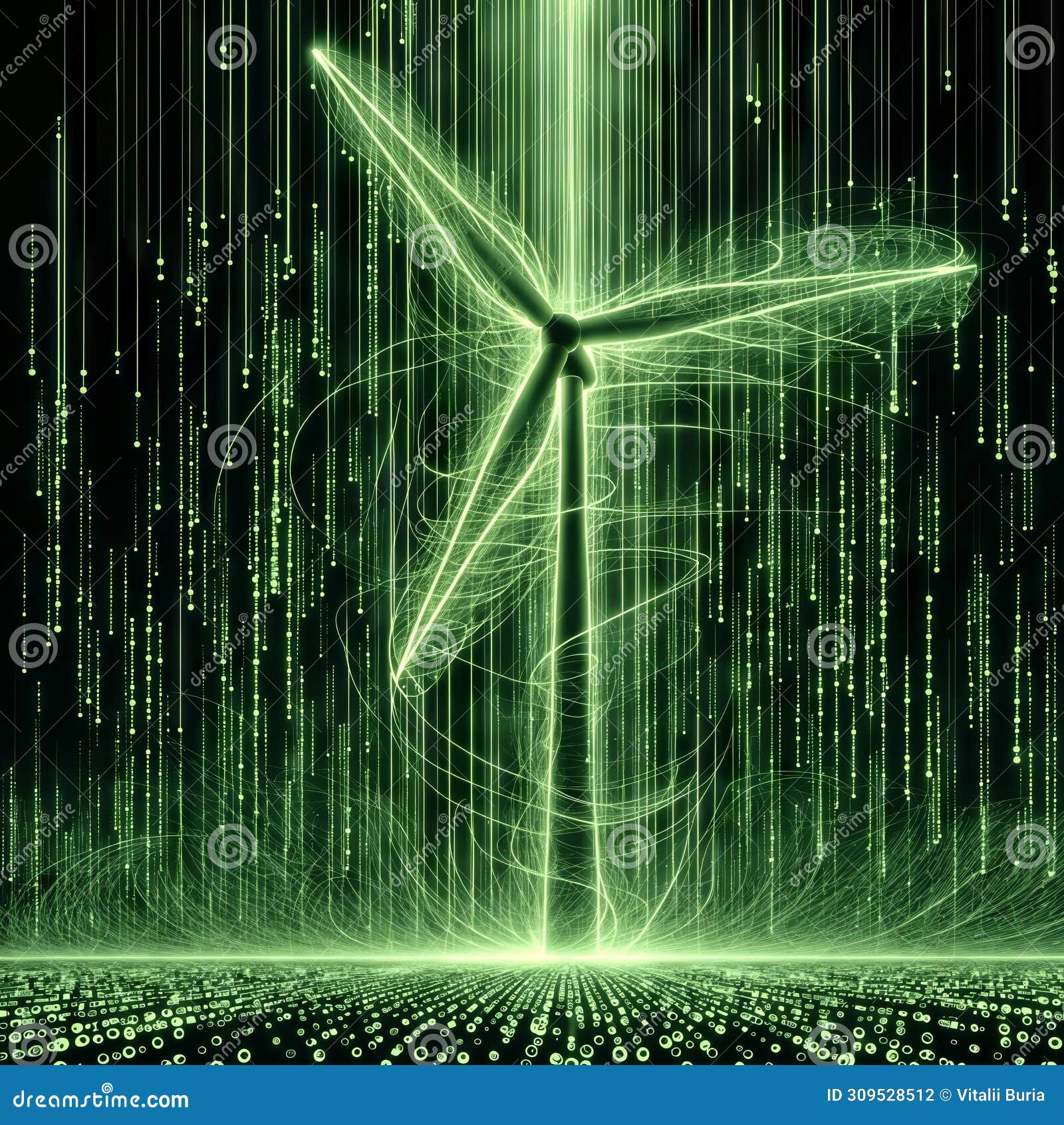 Digital Wind Turbine with Green Binary Code Background., Generative Ai Stock Illustration ...