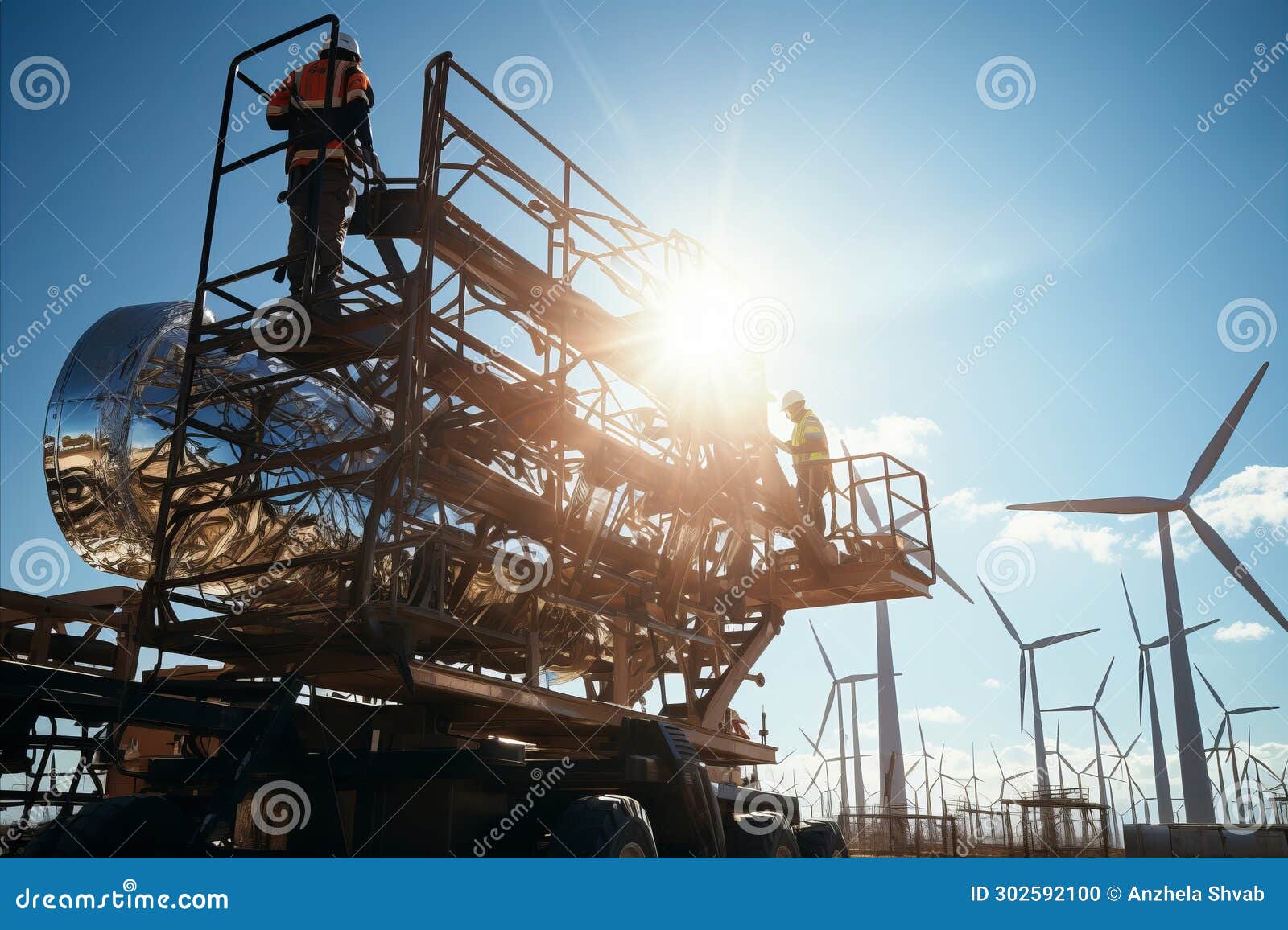 Wind Turbine Maintenance. Technicians Performing High Above Ground Wind ...