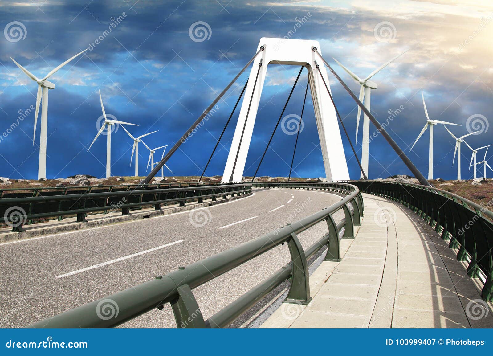 Wind turbine near bridge stock image. Image of ecological - 103999407