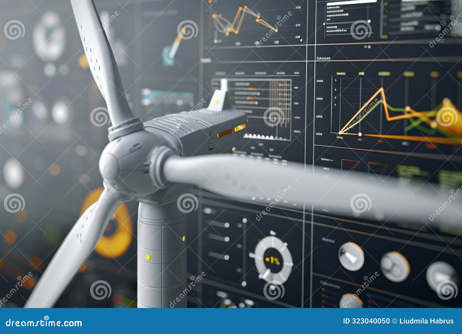 A Wind Turbine is Shown on a Computer Screen with Various Graphs and ...