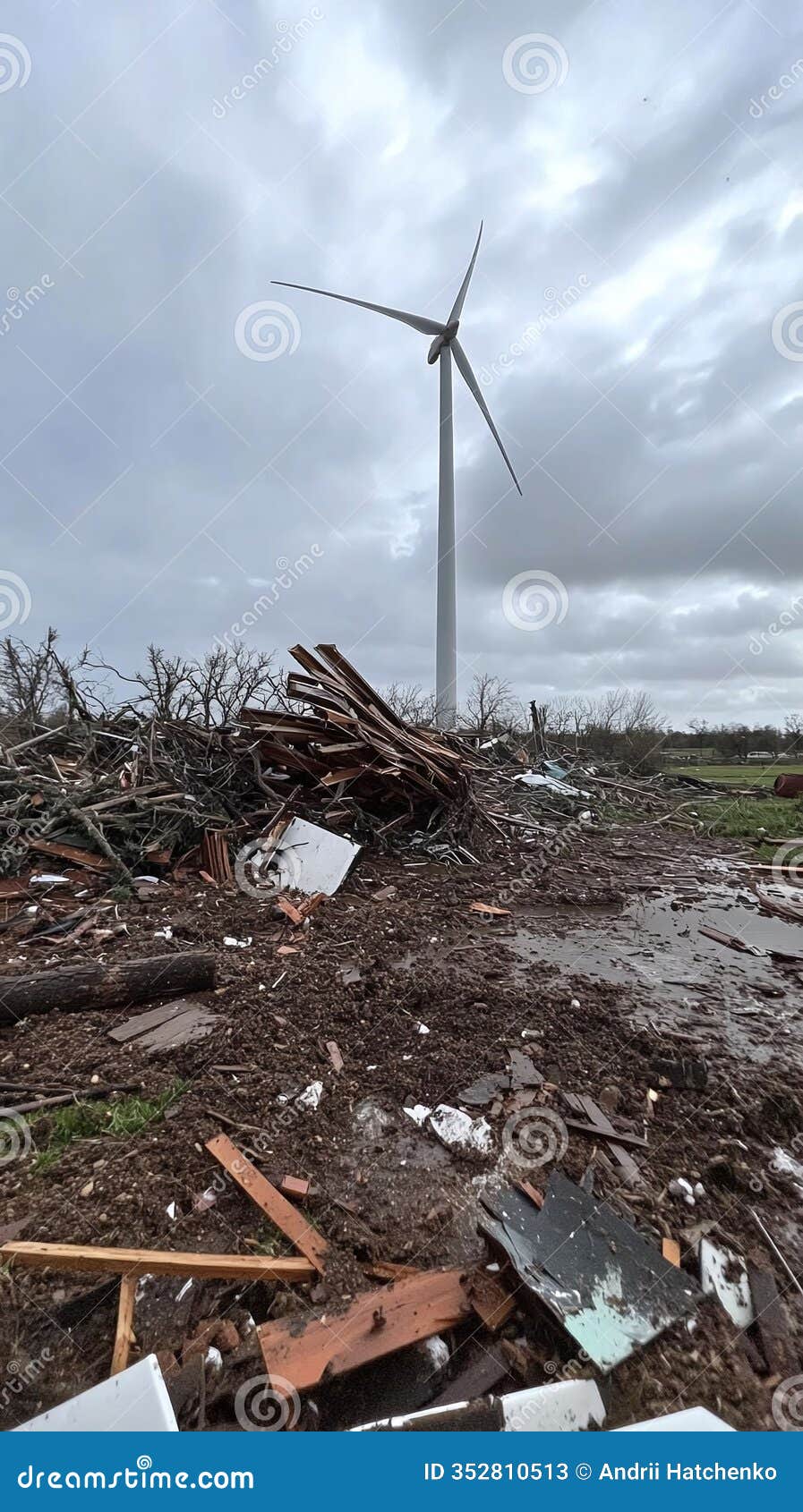 Wind Turbine Standing Amid Debris with Its Structure Showing Visible ...