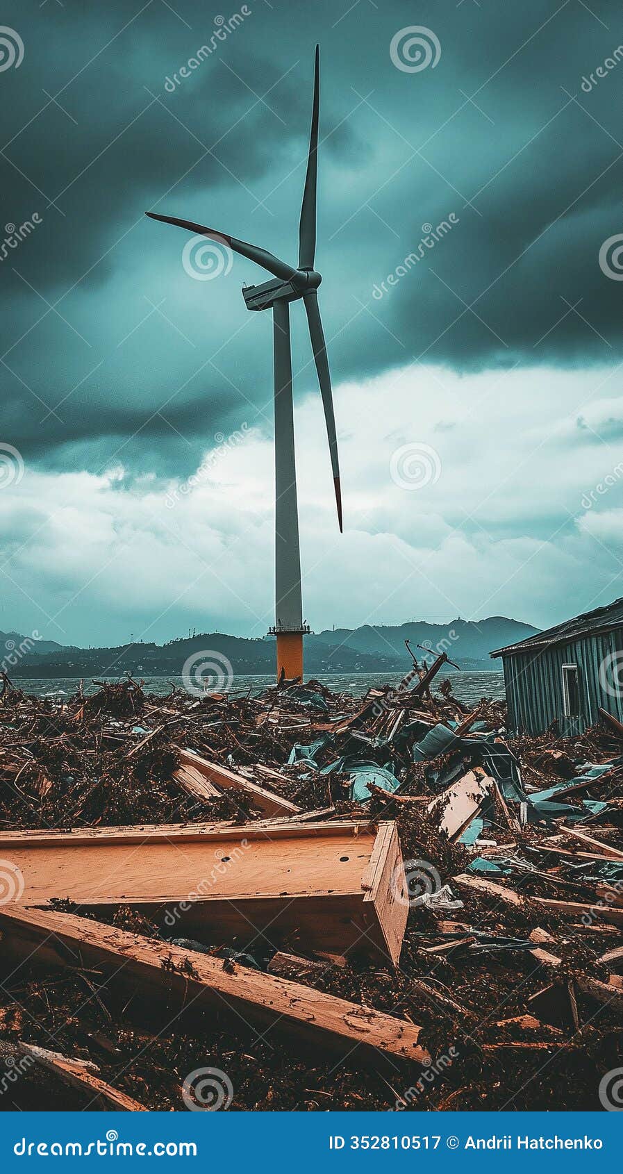 Wind Turbine Standing Amid Debris with Its Structure Showing Visible ...