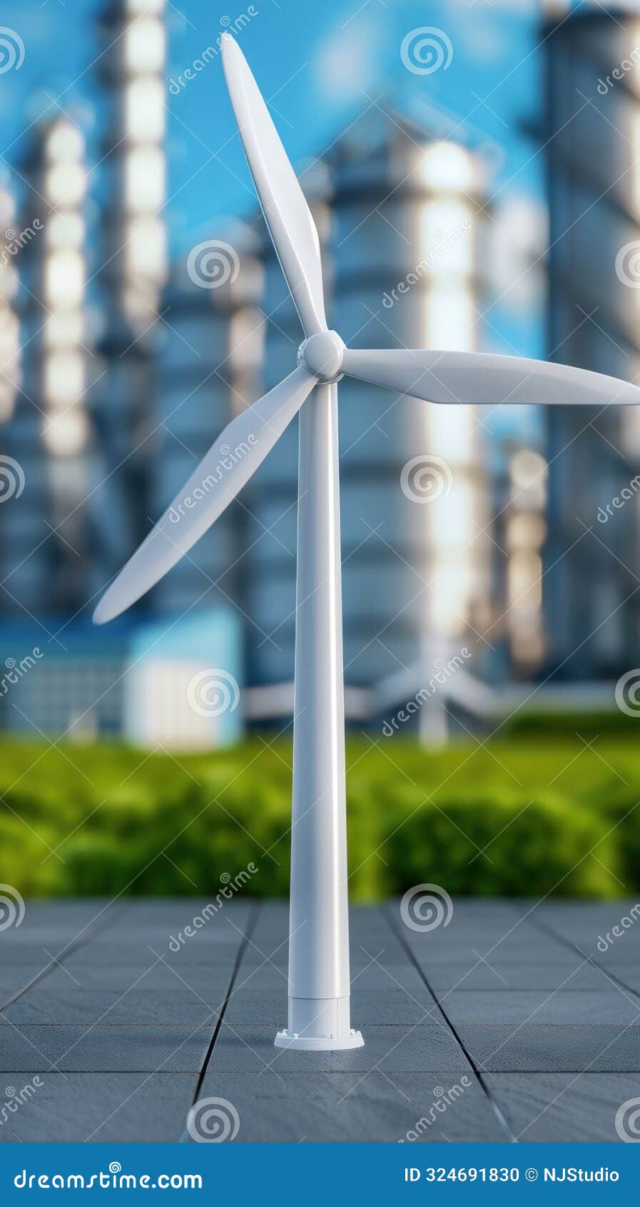 A Wind Turbine is Standing in Front of a City Skyline Stock Photo ...