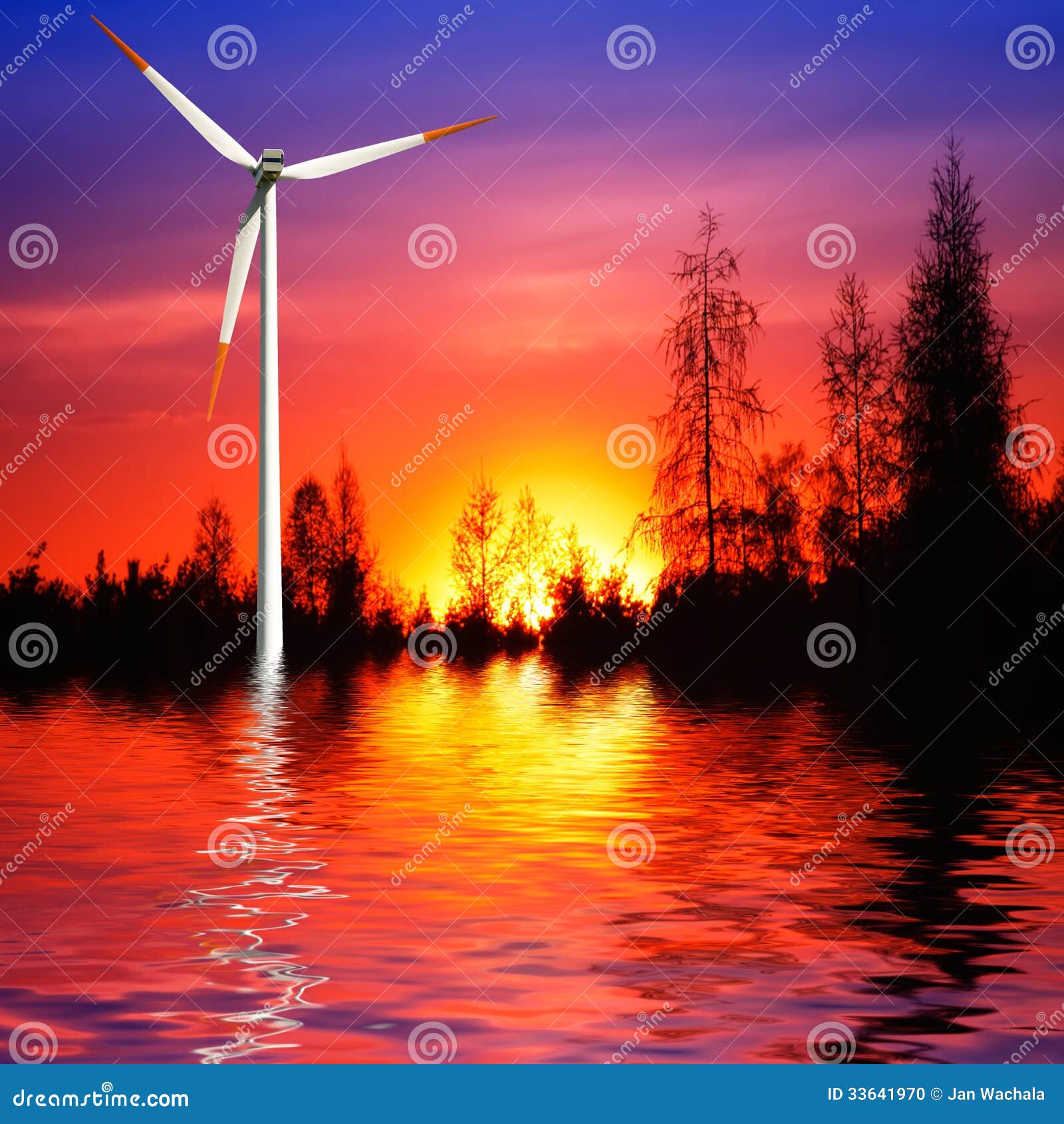 Wind turbine at sunset stock photo. Image of resource - 33641970