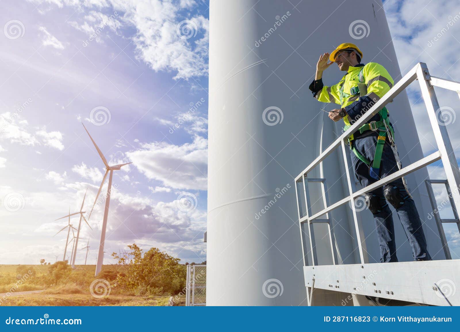 Wind Turbine Technician Checking Service. Engineer Team Professional ...