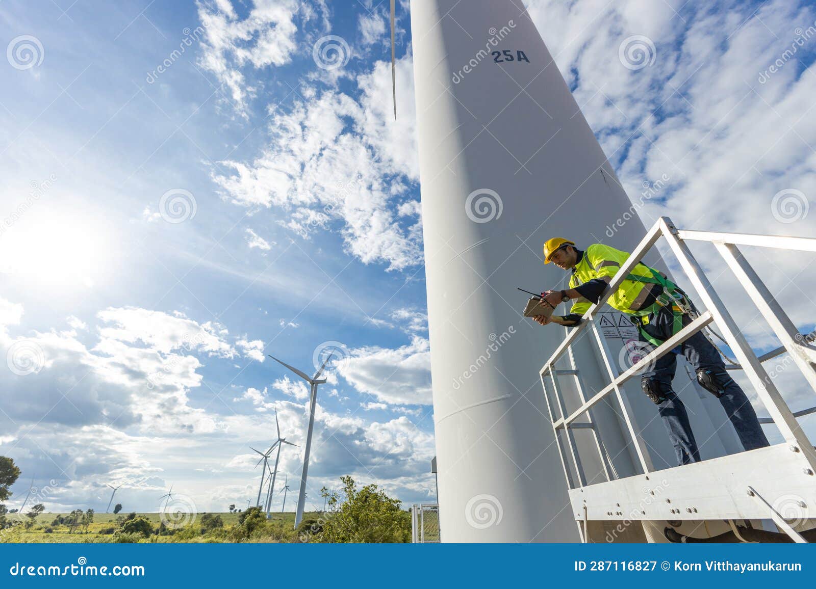 Wind Turbine Technician Checking Service. Engineer Team Professional ...