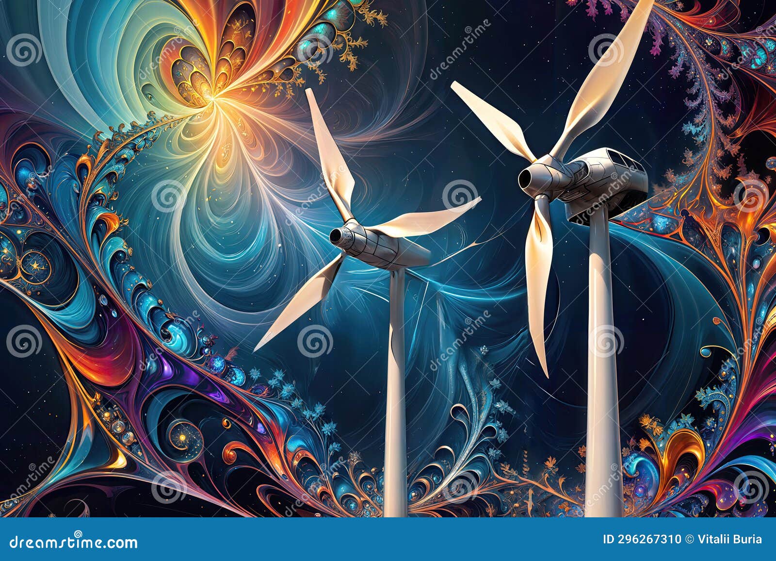 Wind Turbines in Abstract Space. Computer Generated Graphics. 3D ...
