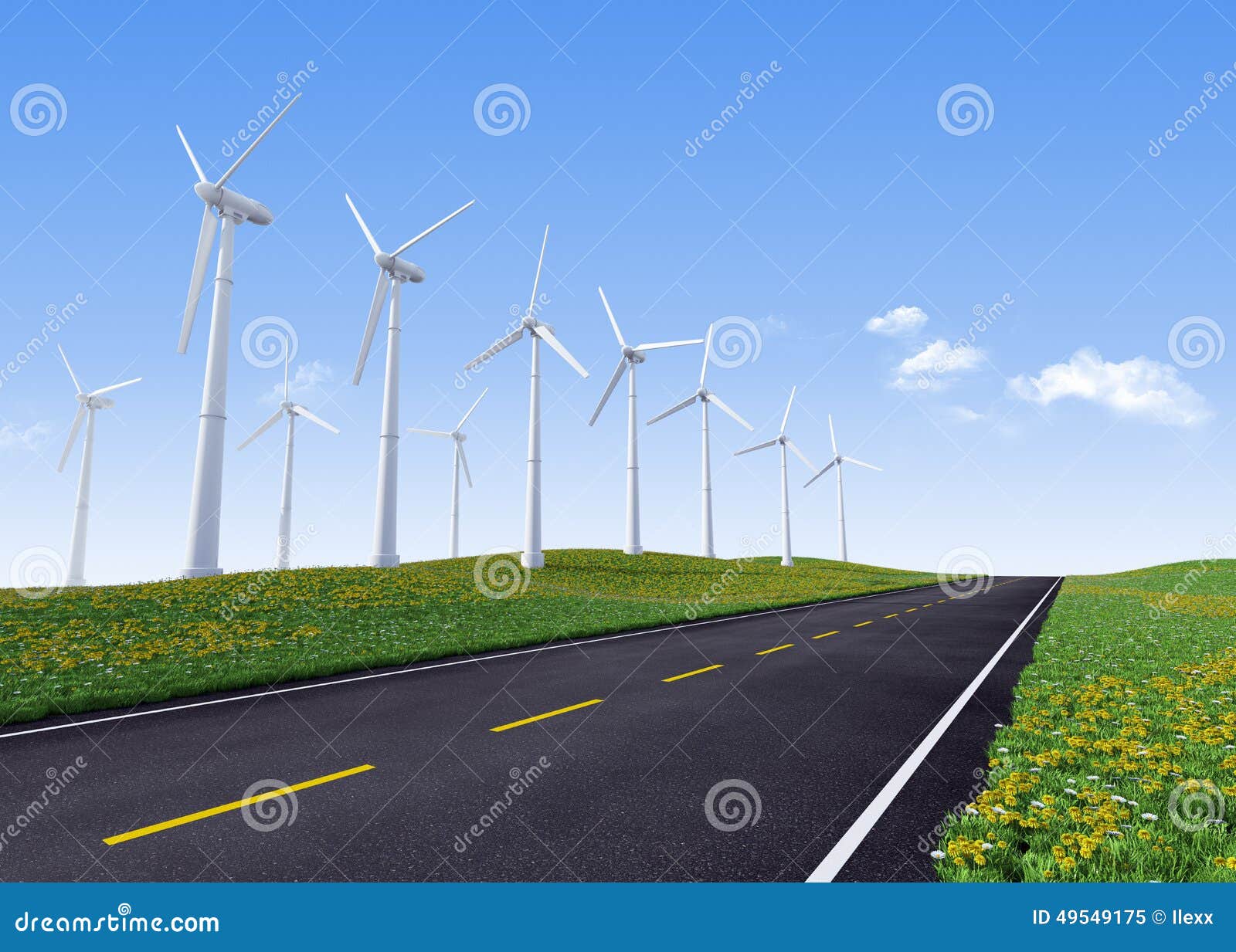 Wind turbines along road stock illustration. Illustration of service ...