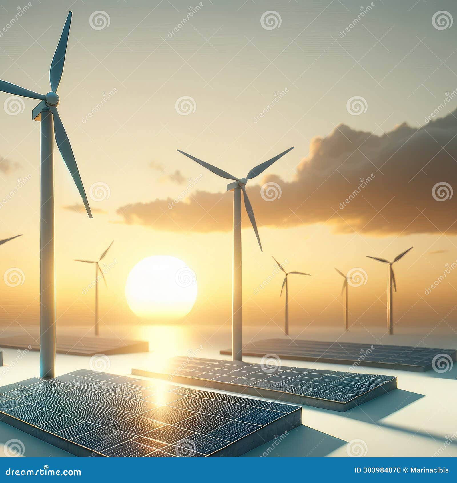 Clean Energy Landscape: Solar Panes Grid and Windmill Wind Turbines ...