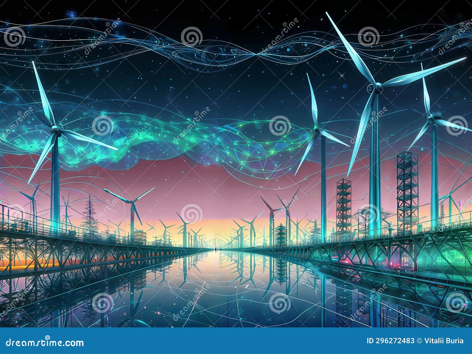 Wind Turbines on Abstract Colorful Background. Vector Illustration for ...