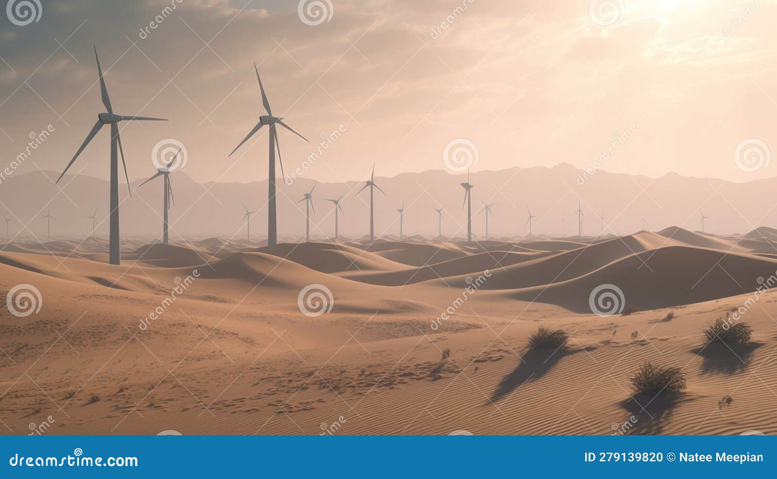 Wind Turbines in the Desert, Renewable Energy Concept. Generative AI ...