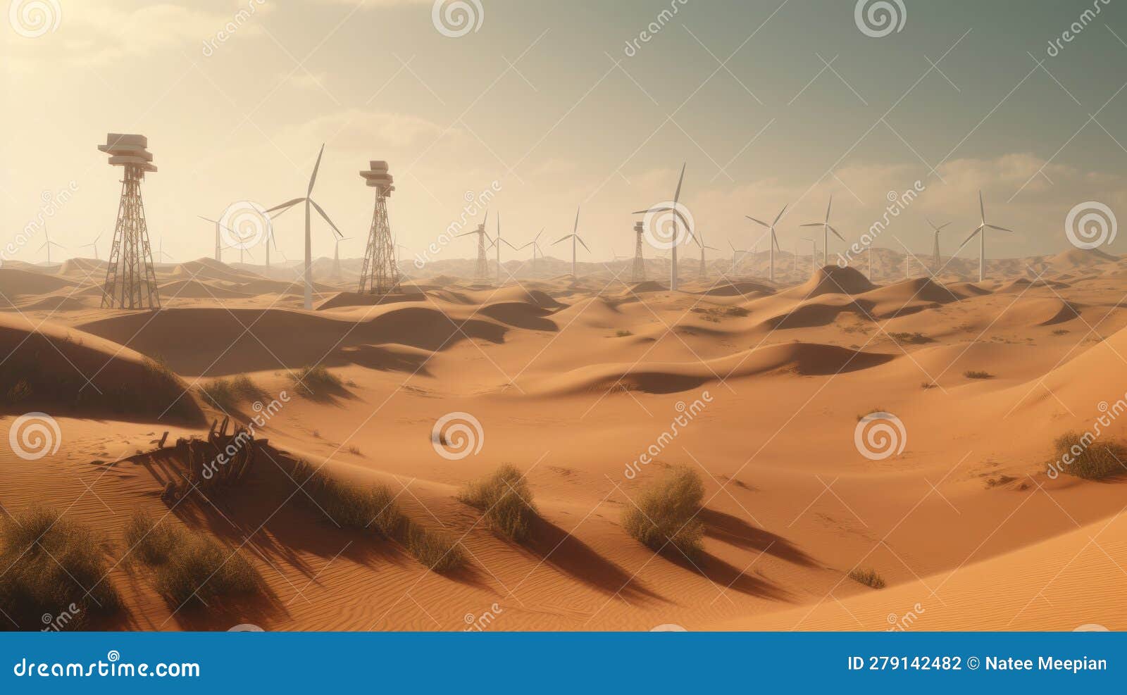 Wind Turbines in the Desert, Renewable Energy Concept. Generative AI ...