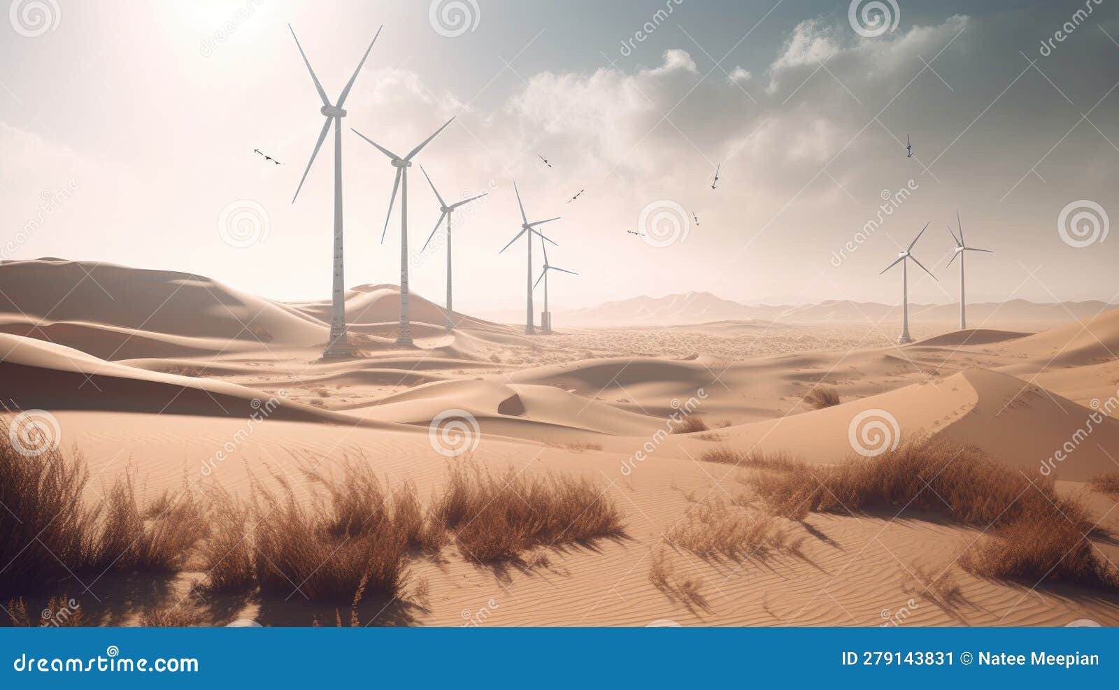 Wind Turbines in the Desert, Renewable Energy Concept. Generative AI ...