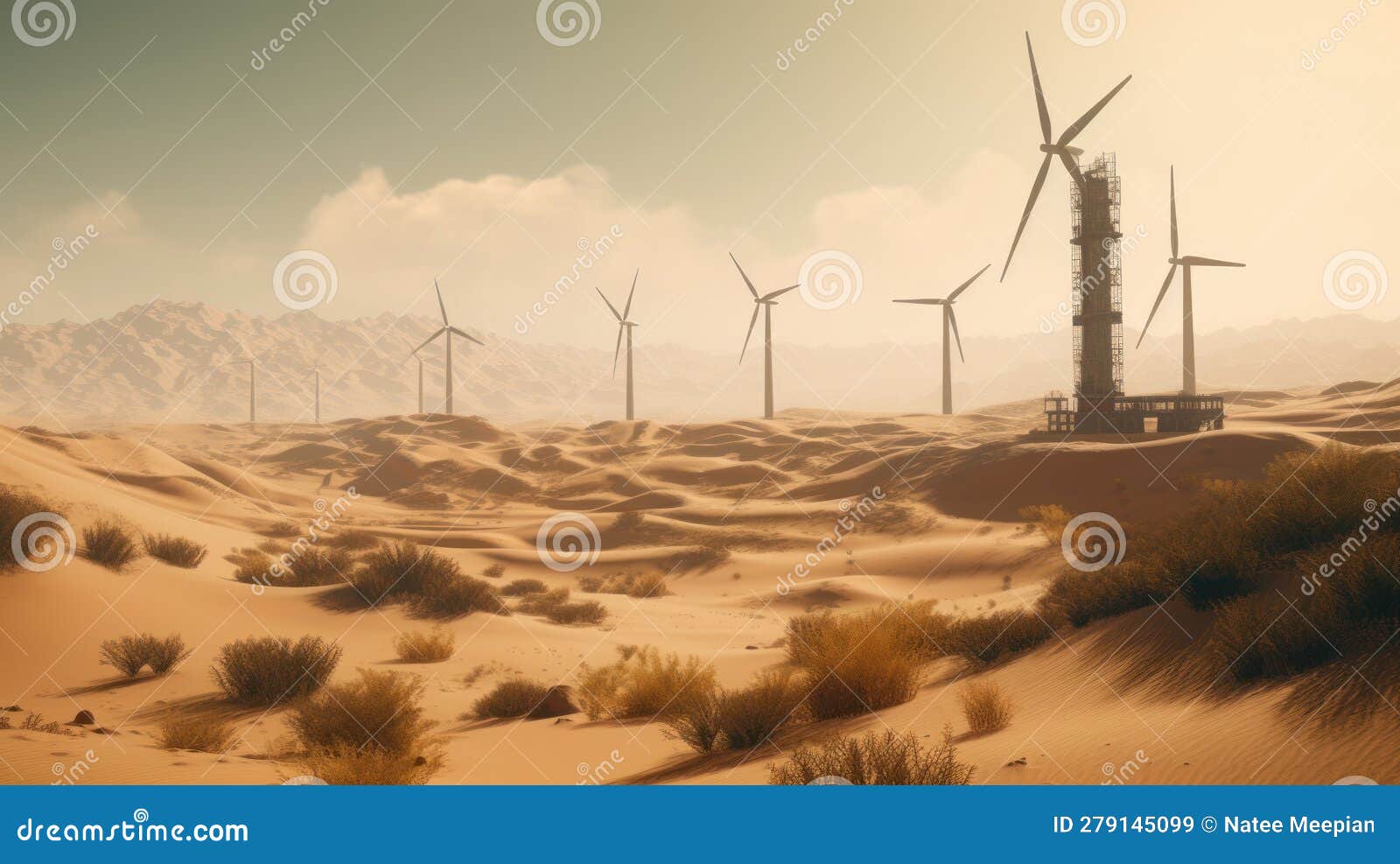 Wind Turbines in the Desert, Renewable Energy Concept. Generative AI ...