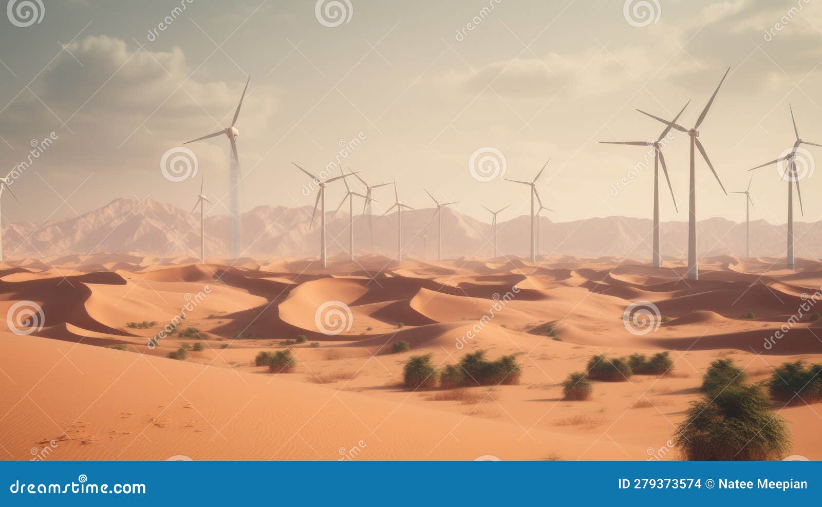 Wind Turbines in the Desert, Renewable Energy Concept. Generative AI ...