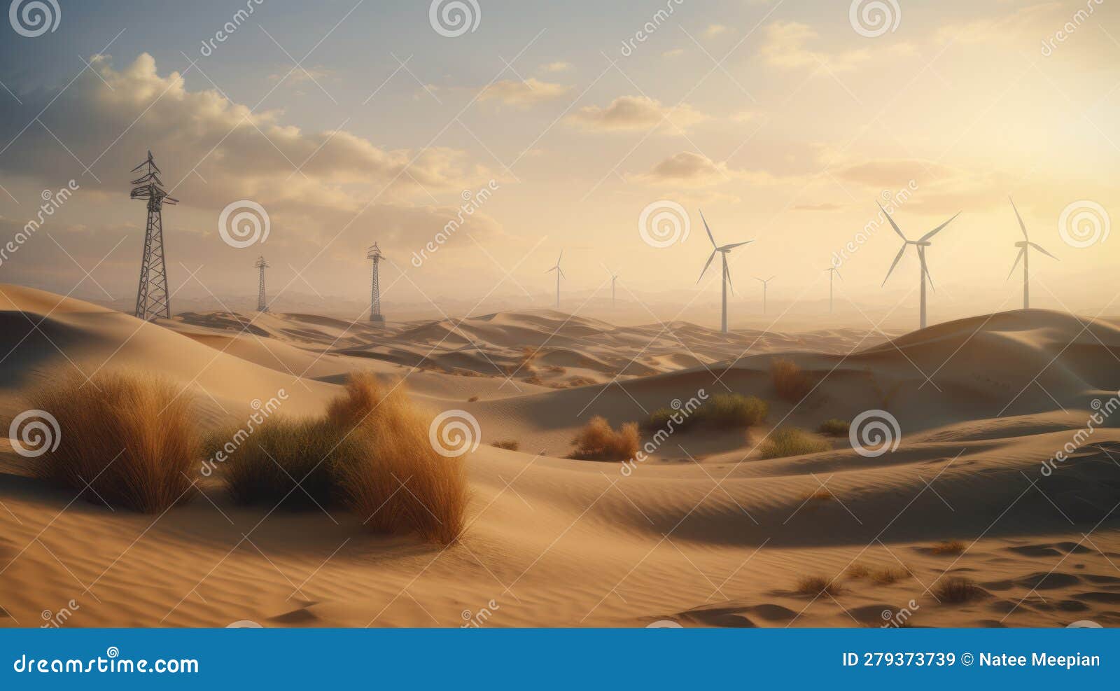 Wind Turbines in the Desert, Renewable Energy Concept. Generative AI ...