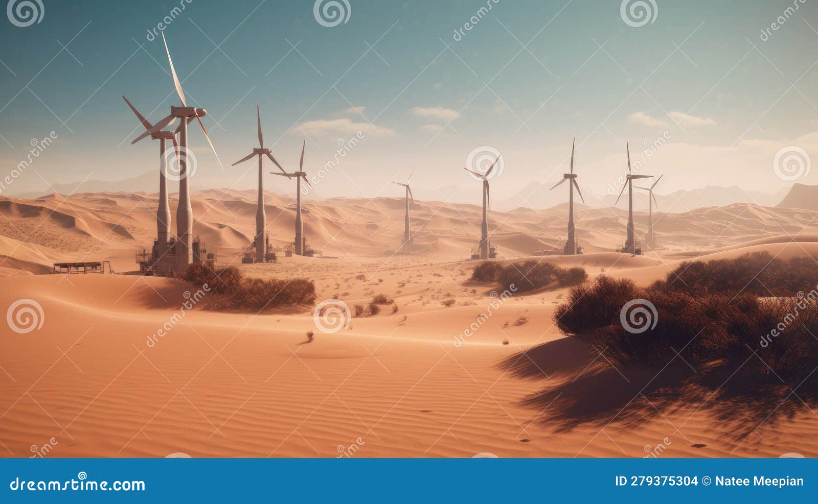 Wind Turbines in the Desert, Renewable Energy Concept. Generative AI ...