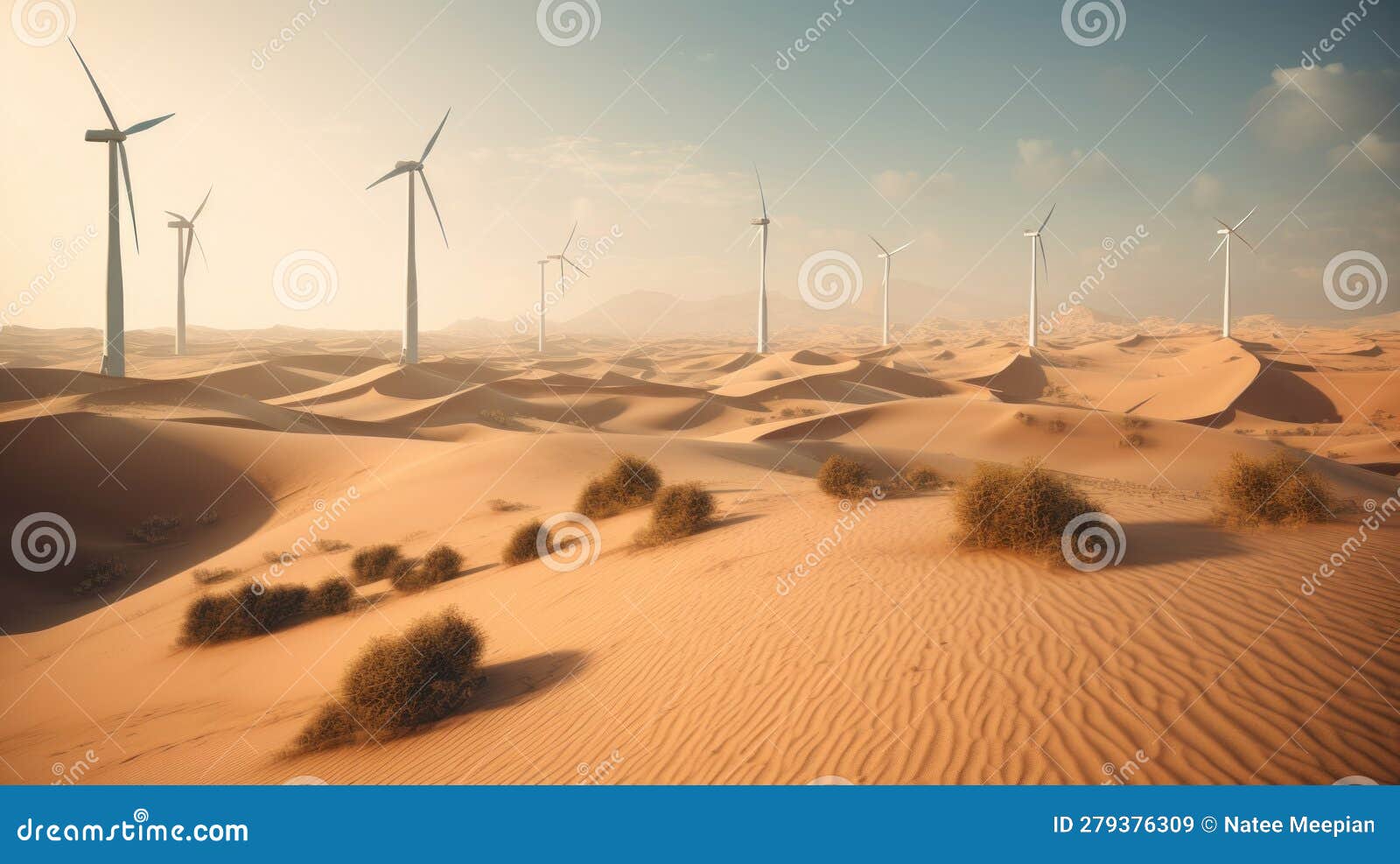 Wind Turbines in the Desert, Renewable Energy Concept. Generative AI ...