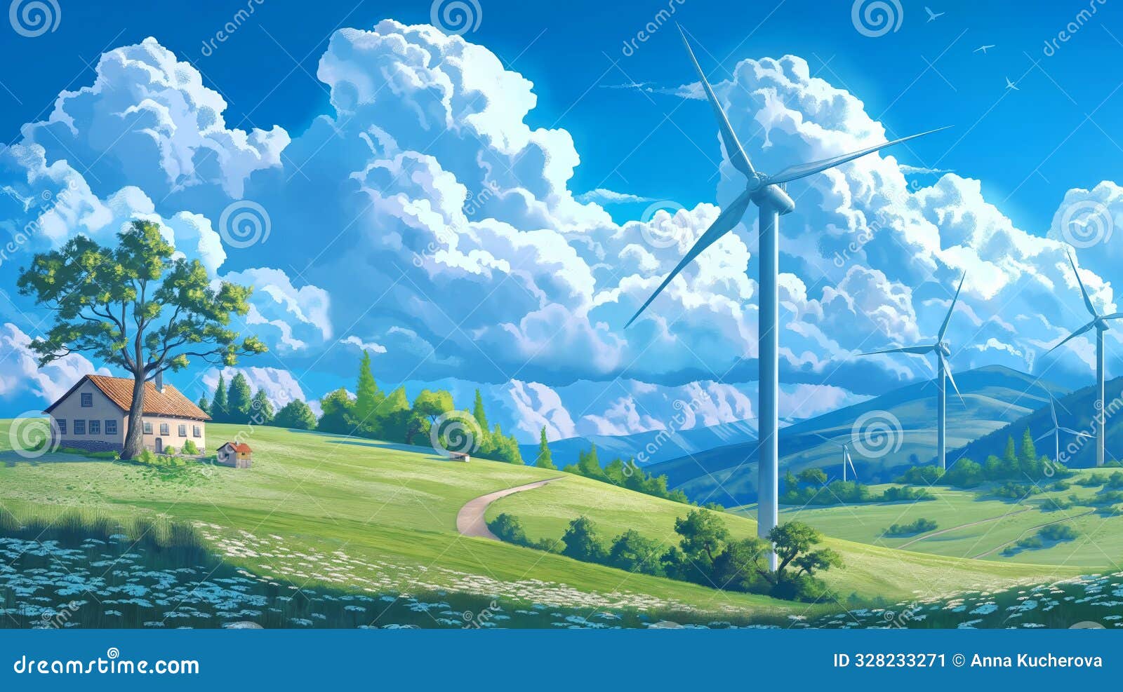 Wind Turbines On Green Hills Scenery, Renewable Eco Friendly Wind ...