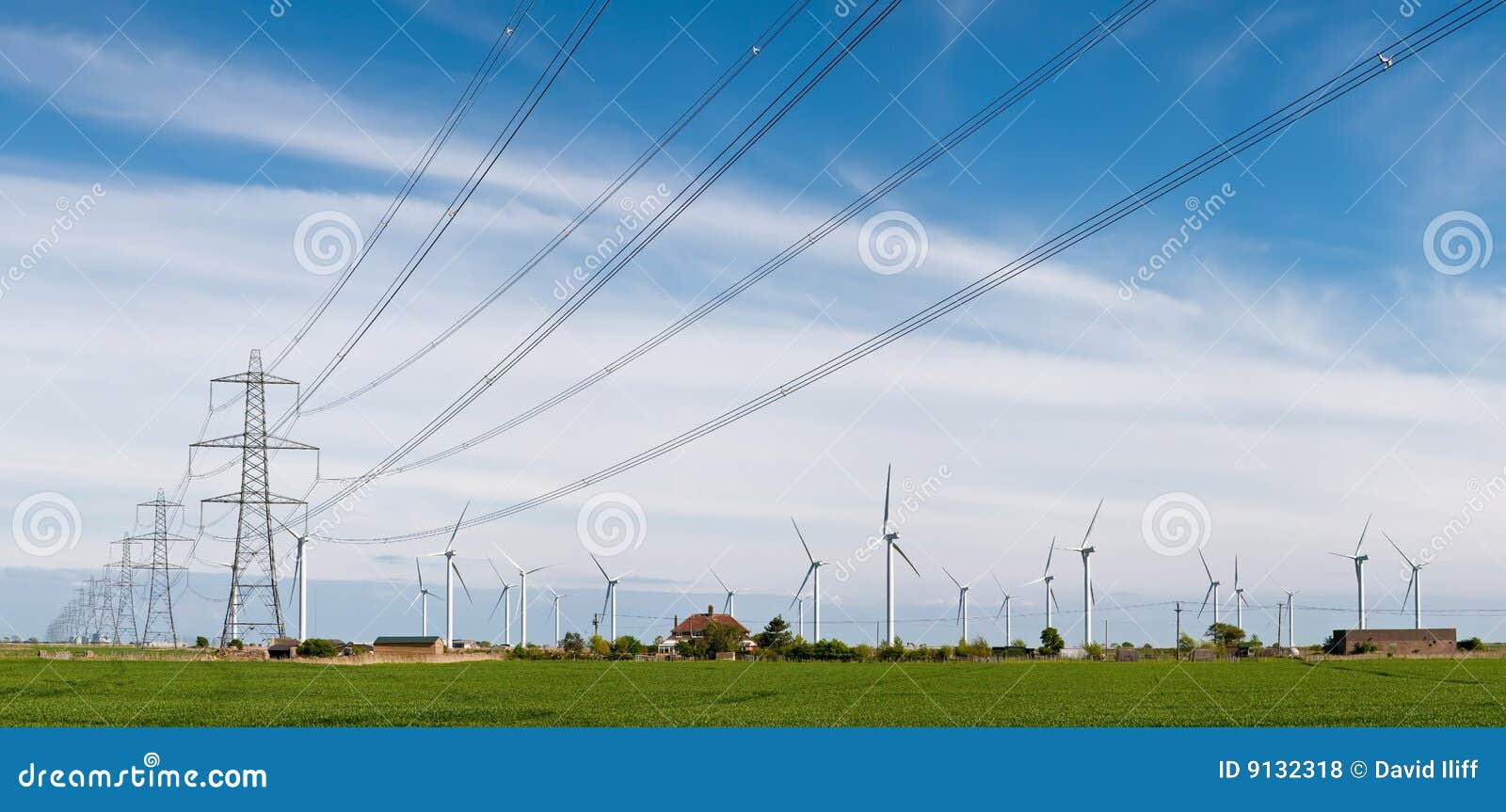 Wind Turbines and Electricity Pylons Stock Photo - Image of global ...