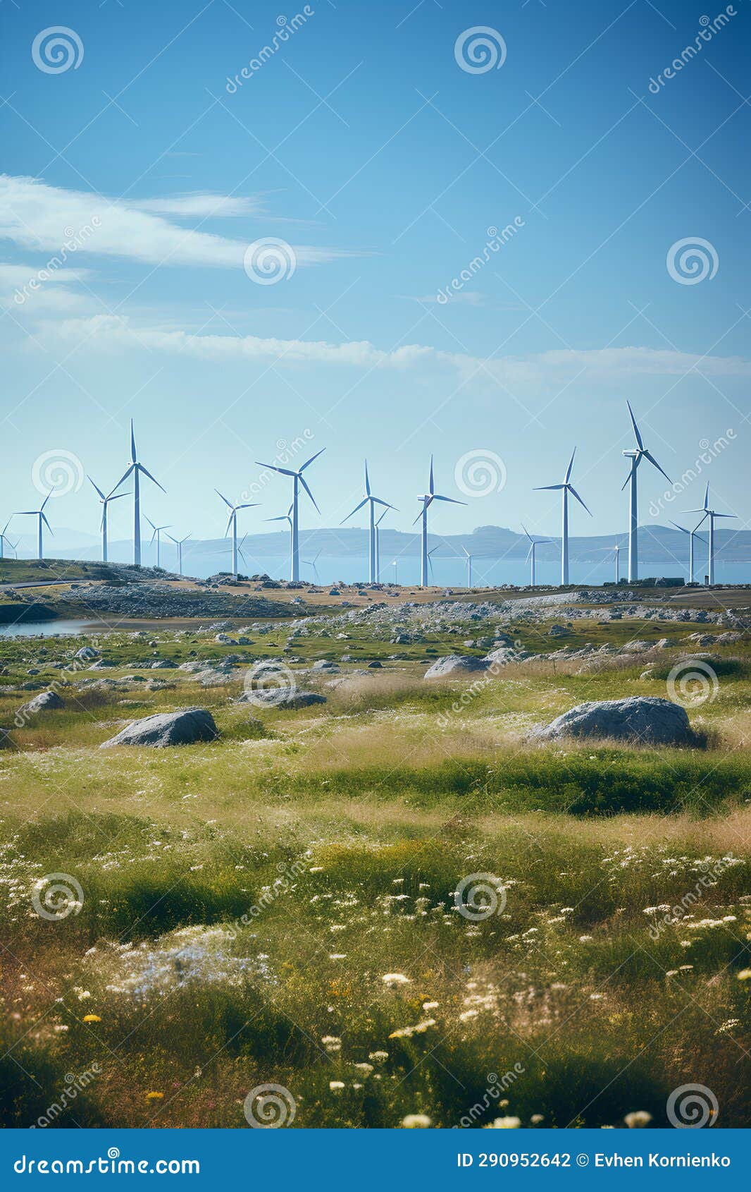 Wind turbines in the field stock illustration. Illustration of green ...
