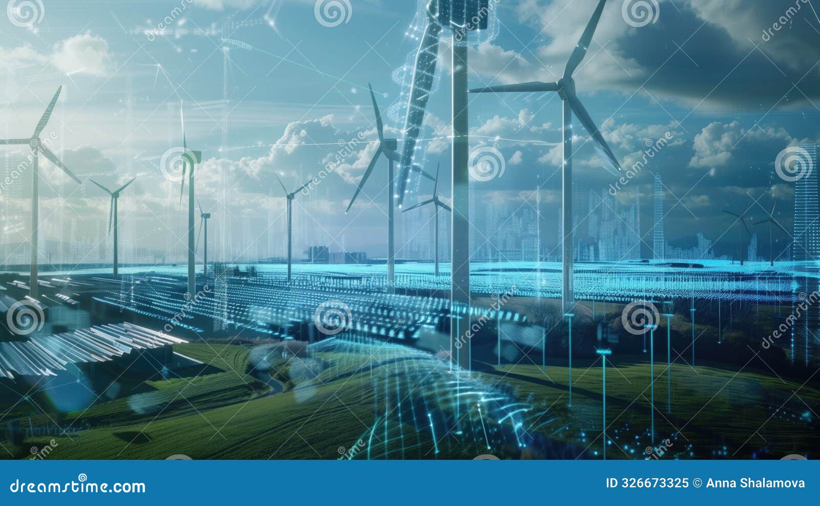 Wind Turbines in a Field with Digital Overlay of Renewable Energy Data ...