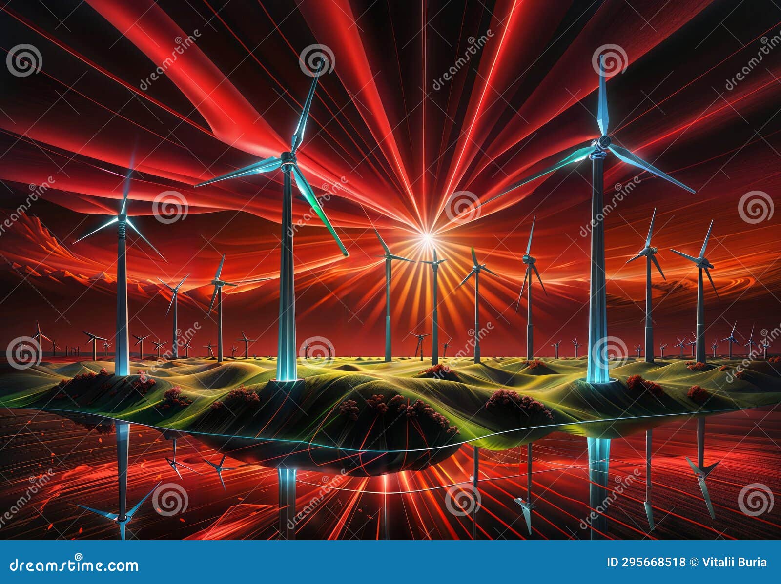 Wind Turbines on the Field in the Evening with Red Light and Reflection ...